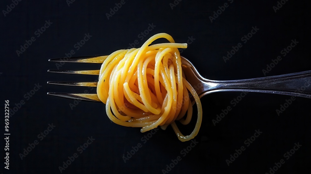 artfully arranged spaghetti twirled around silver fork against dark ...