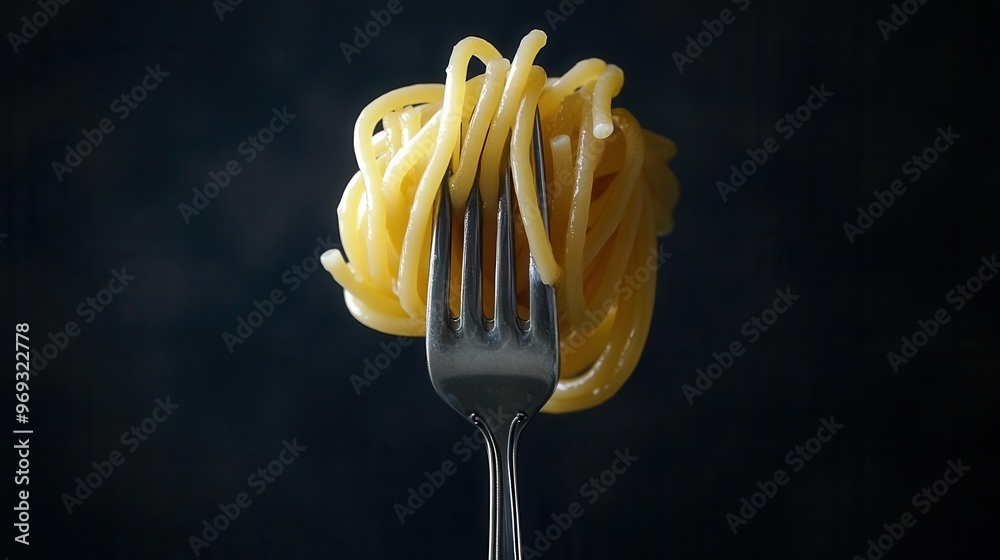 artfully arranged spaghetti twirled around silver fork against dark ...