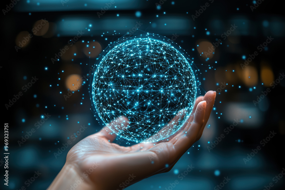 Glowing blue network sphere hovers over an outstretched palm ...