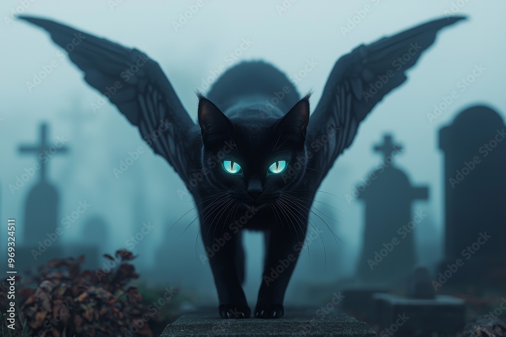 Winged black cat with glowing markings stalking through a fog-covered ...