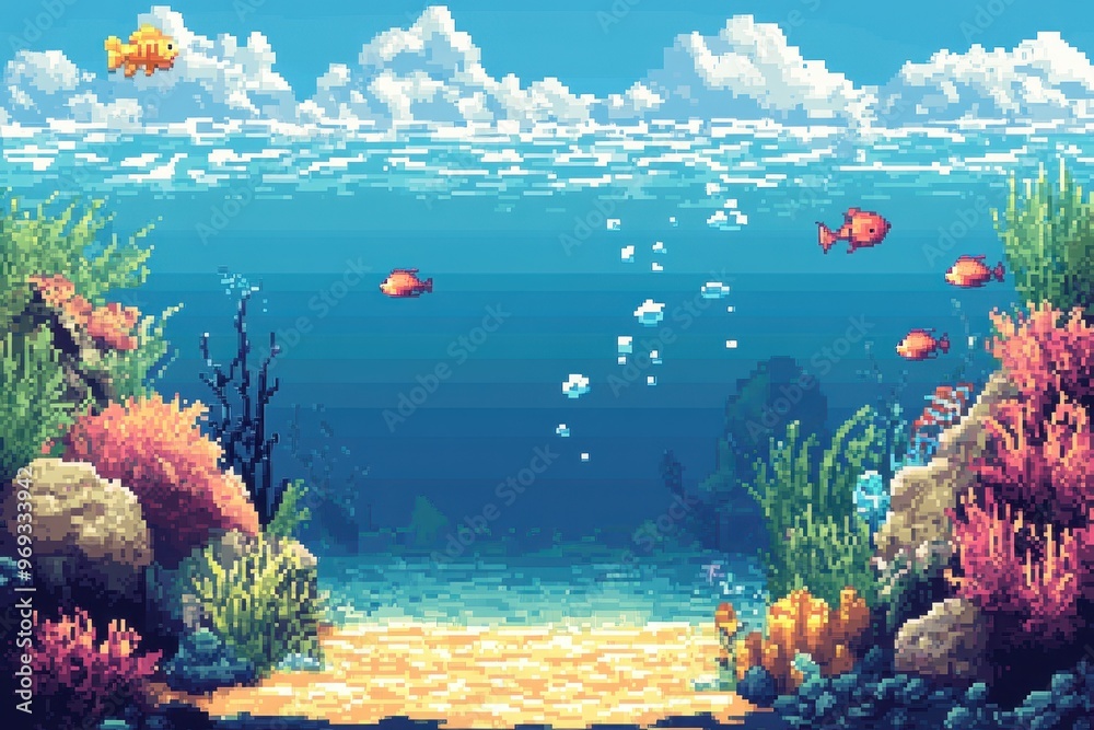 Retro 8-Bit Underwater World with Pixelated Sea Creatures and Copy ...