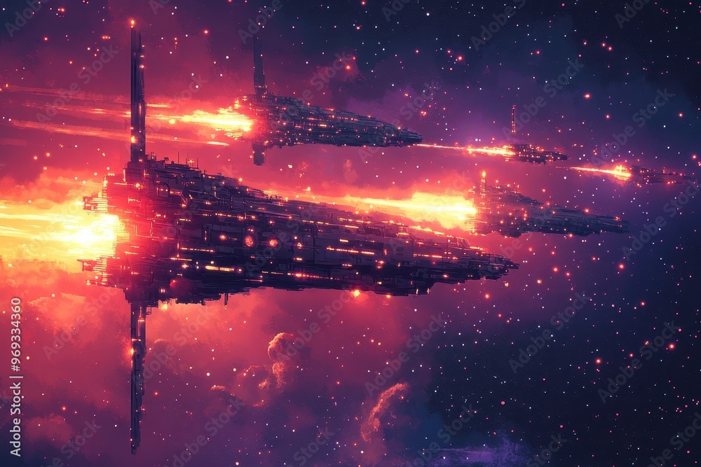 Retro Pixel Art Space Battle Scene Background with Pixelated Spaceships ...