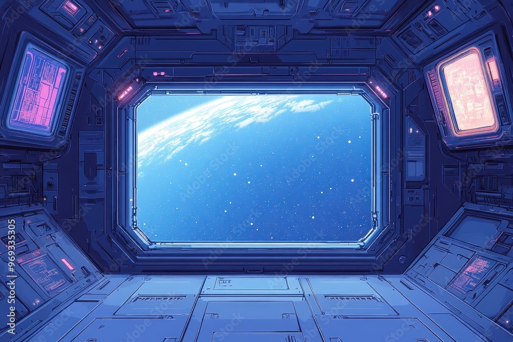 Retro 16-Bit Space Station Interior with Pixelated Windows and Copy ...