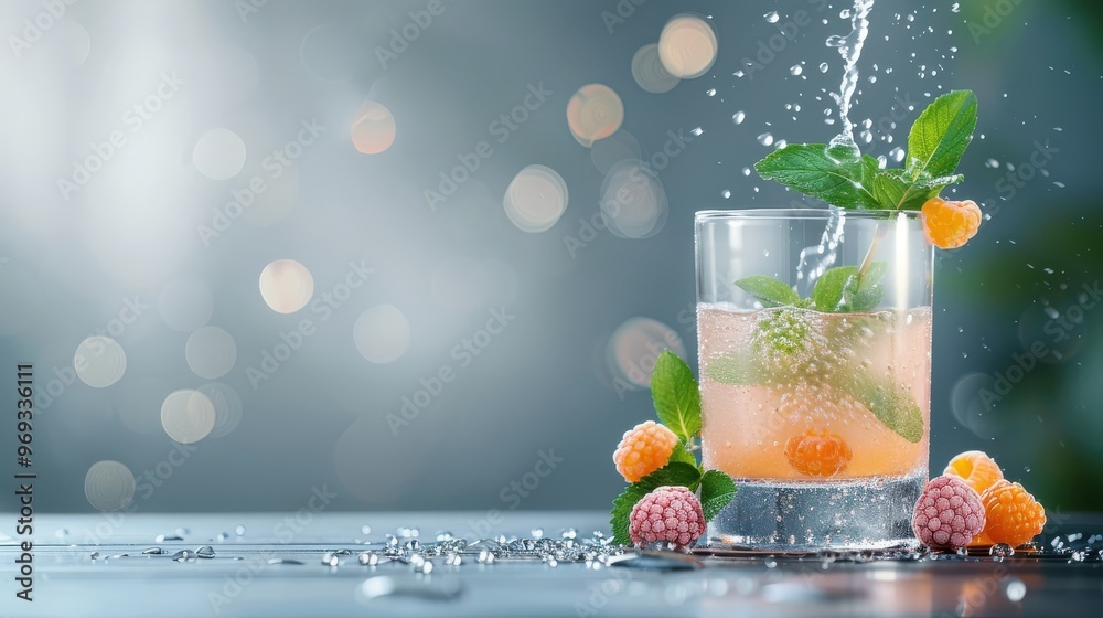 Cloudberry juice being poured into a frosty glass, with condensation ...