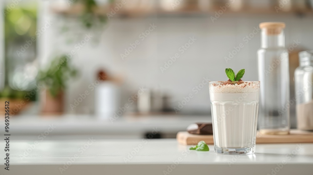 Frothy glass of cow's milk with cocoa powder on top, modern kitchen ...