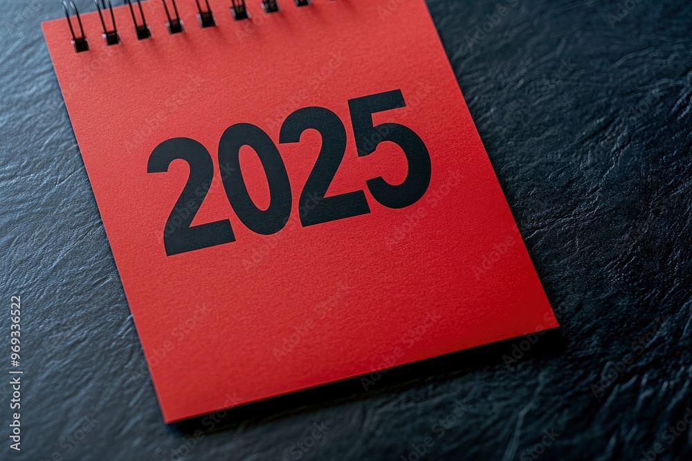 Red calendar "2025" with monthly planner on black background, used for ...