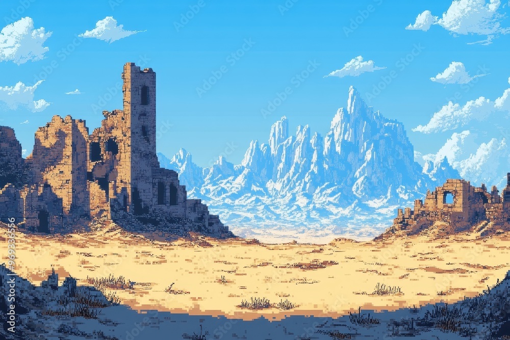 Retro 16-Bit Desert Landscape with Pixelated Ruins and Clear Sky for ...