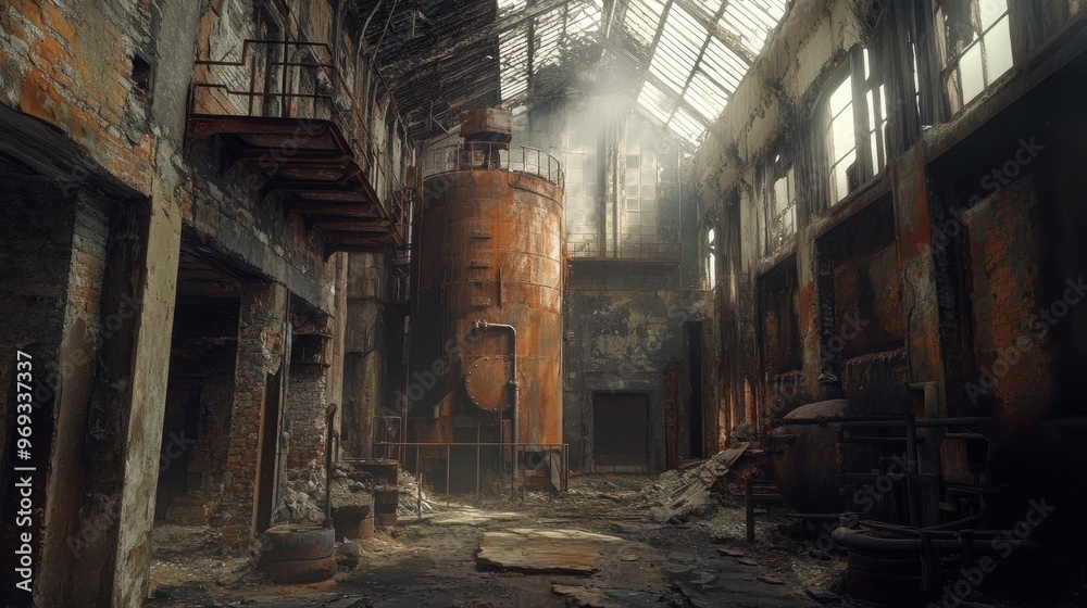 Abandoned factory with rusted metal structures and crumbling walls, a ...