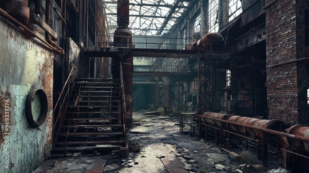 Abandoned factory with rusted metal structures and crumbling walls, a ...
