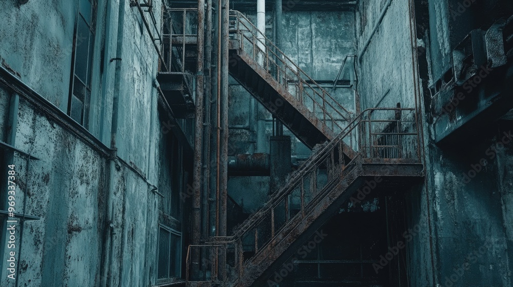 Abandoned factory with rusted metal structures and crumbling walls, a ...