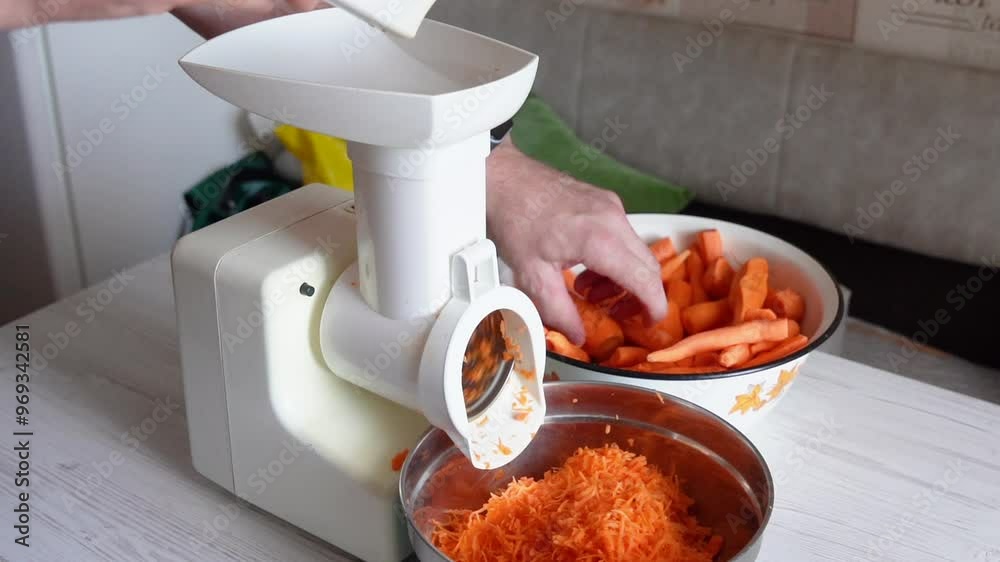 Cutting carrots with a kitchen electric meat grinder Stock Video ...