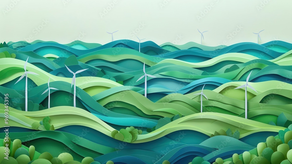 whimsical paper art landscape featuring wind turbines on rolling hills ...