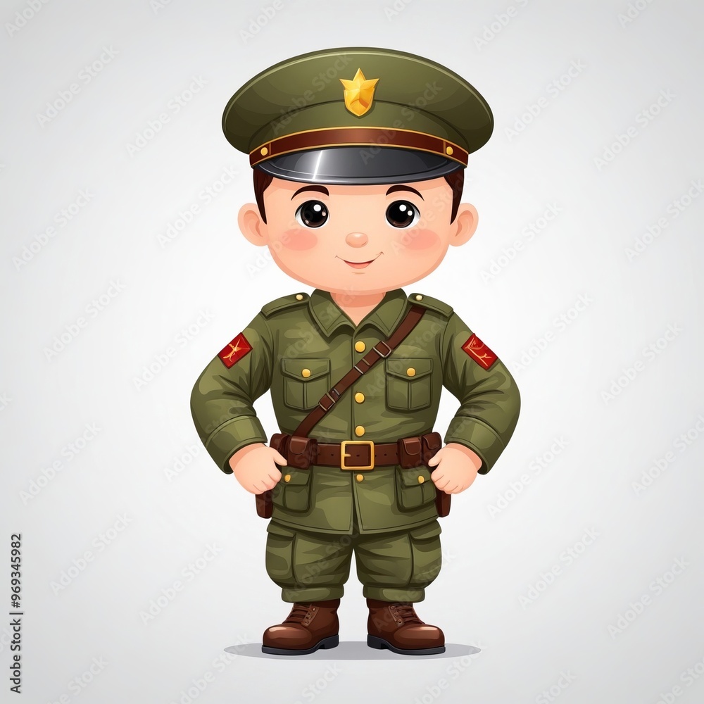 cartoon soldier in uniform standing with his hands on his hips. Stock ...