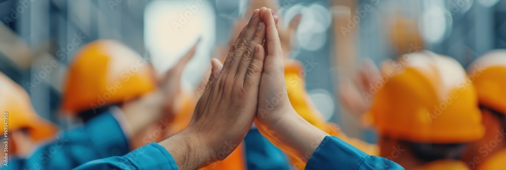 Close-up of construction workers giving high fives to celebrate ...