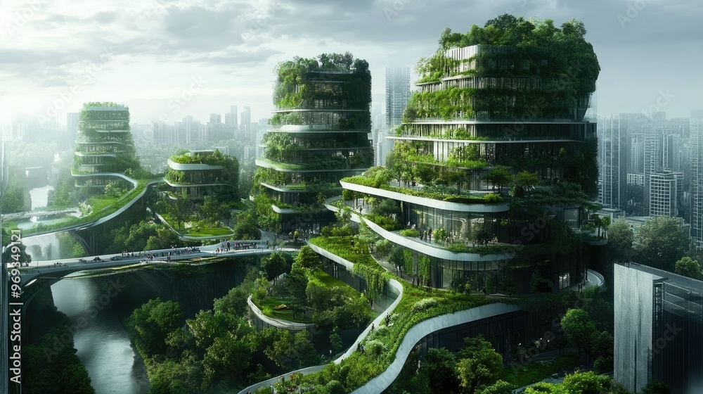 Futuristic urban development with green spaces integrated into the ...