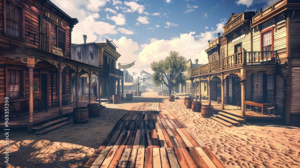 wild west town street scene wooden boardwalks saloon facades dusty main ...