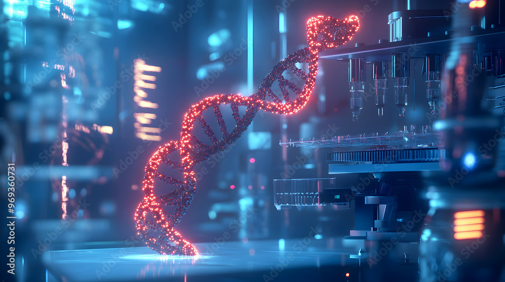 cutting-edge lab scene where a virtual 3D DNA strand is being ...