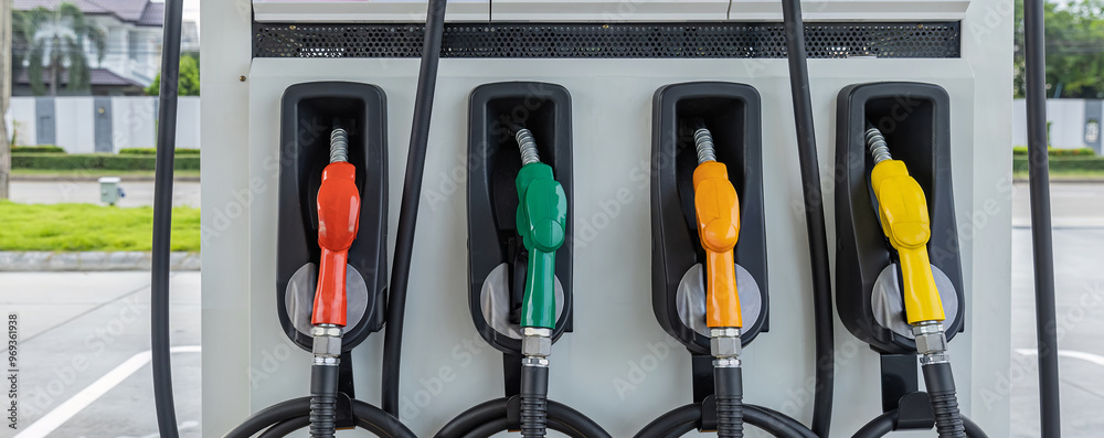 Fuel Pump, Gas Station, Gasoline.Colorful Petrol pump filling nozzles ...