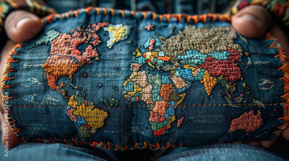 Illustrate a world map being gently stitched together, representing ...