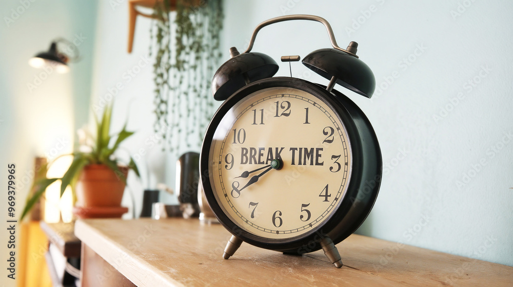 An alarm clock with the text "BREAK TIME" in the middle of it in office ...