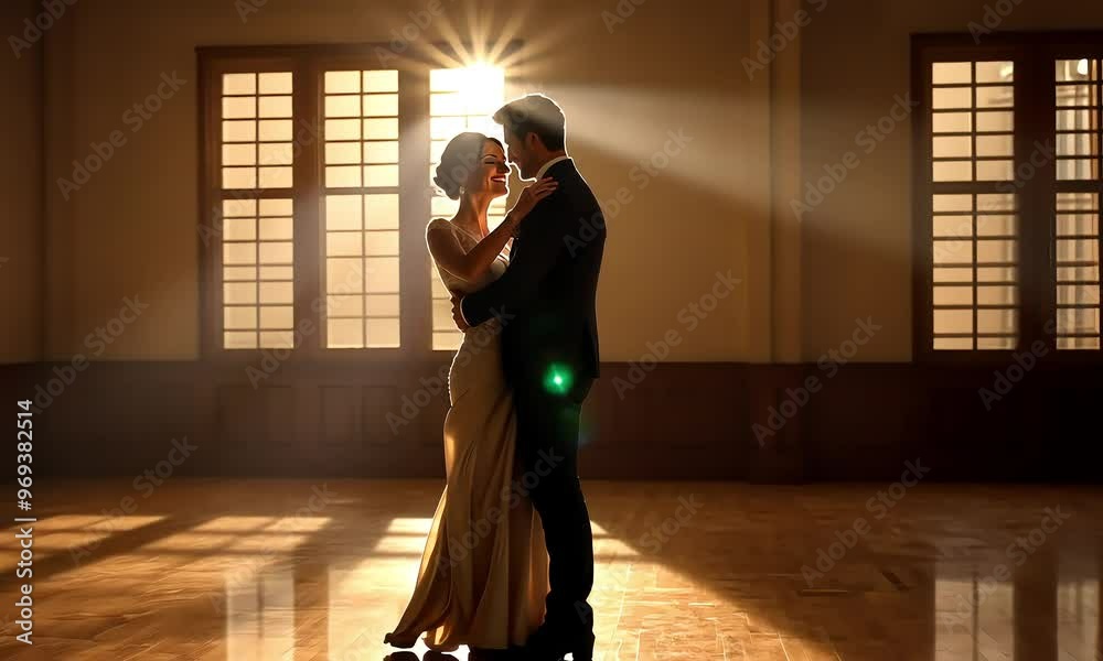 Golden Embrace: A couple dances in a sun-drenched ballroom, their love ...