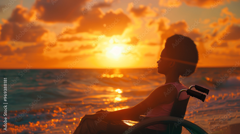 Disabled black female child in wheelchair enjoys serene sunset on beach ...
