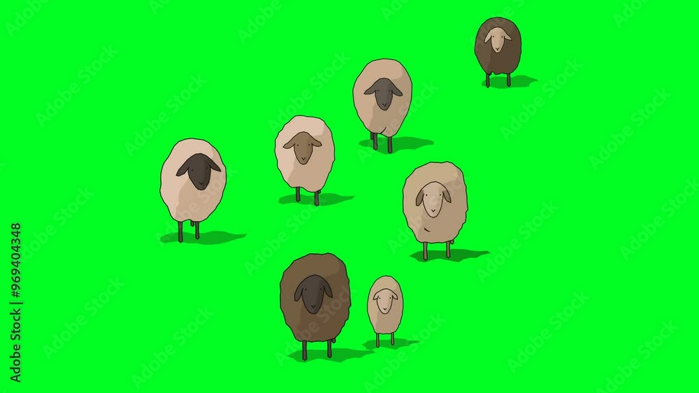 2D animated flock sheep characters walking cycle in front angle green ...