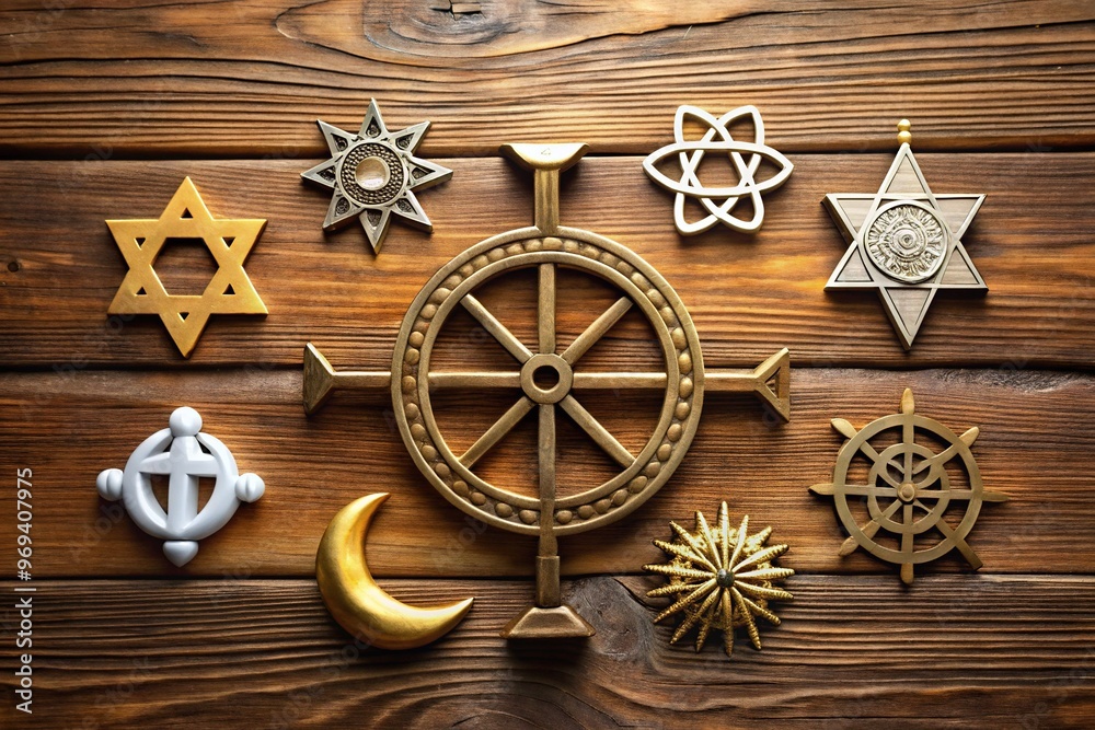 A diverse collection of iconic religious symbols, including the ...