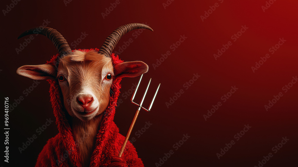 Goat in a devil costume with tiny horns and a pitchfork, devil goat ...