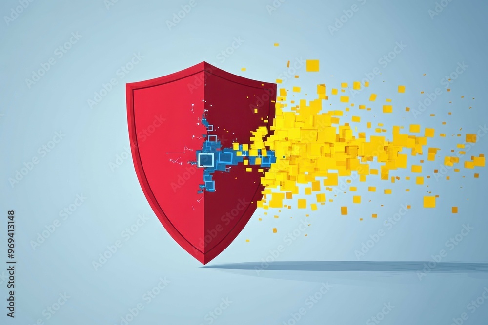 Abstract graphical representation of a shield disintegrating as digital ...