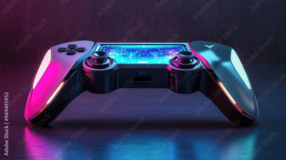 An advanced gaming console with futuristic aesthetics, holographic ...