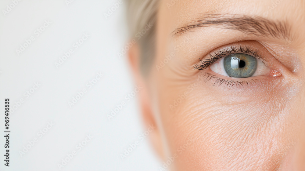 Half of a mature woman's face in her 50s, isolated on a white ...