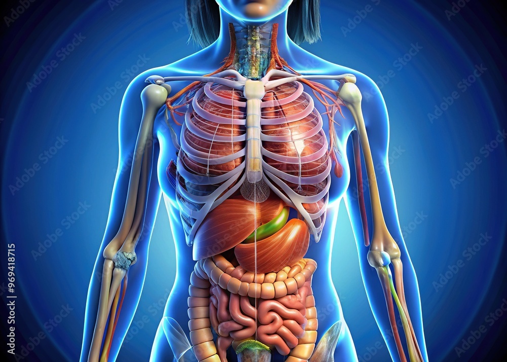 A human anatomy illustration showcases the rib cage, abdominal viscera ...