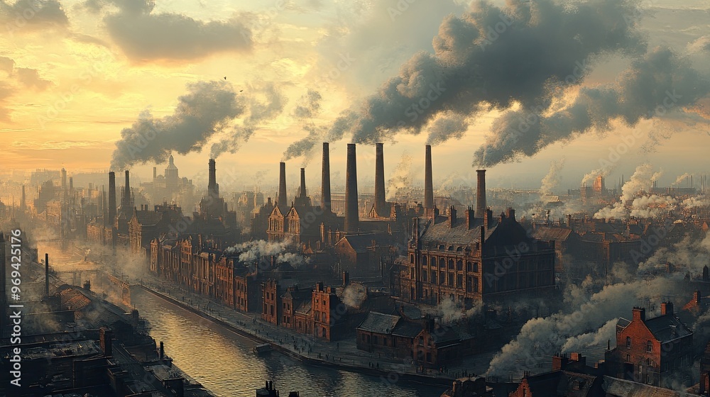 A bustling cityscape during the Industrial Revolution, with factories ...
