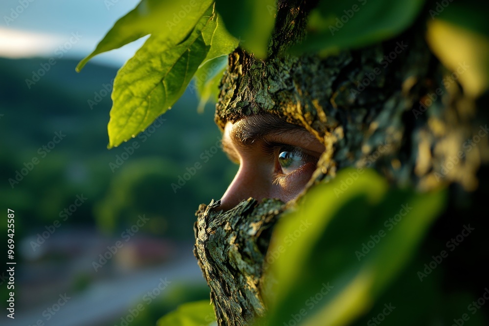 A sniper camouflaged in the high branches of a tree, their rifle ...