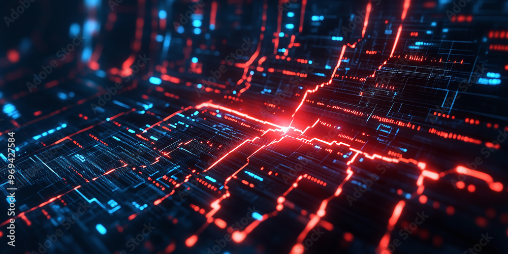 Digital screen with a red glowing crack, representing cybersecurity ...