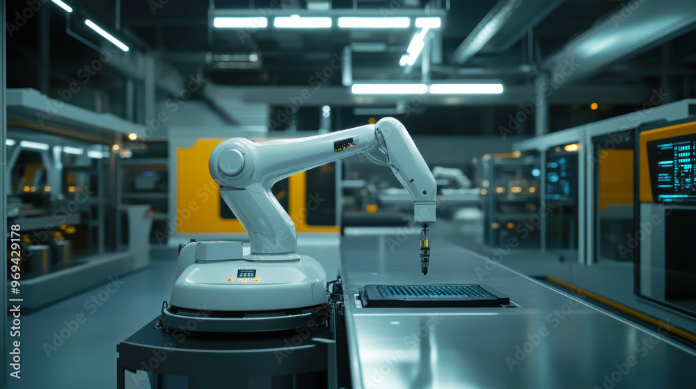 Advanced manufacturing facility with automated machinery and robots ...