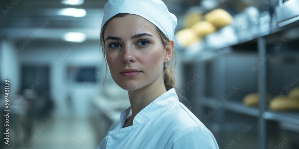 A professional female chef stands confidently in a modern kitchen. She ...