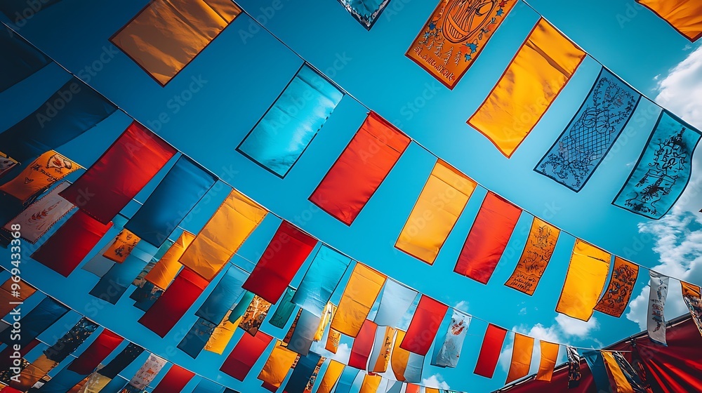 Colorful prayer flags flutter against a brilliant blue sky, full of ...