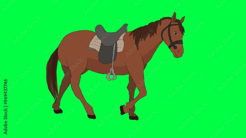 2D animated cartoon of horse character cycle walking in green screen ...