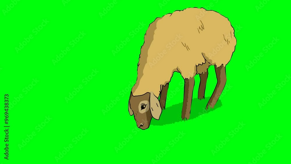 2D animated sheep character walking, grazing, eating plants in green ...