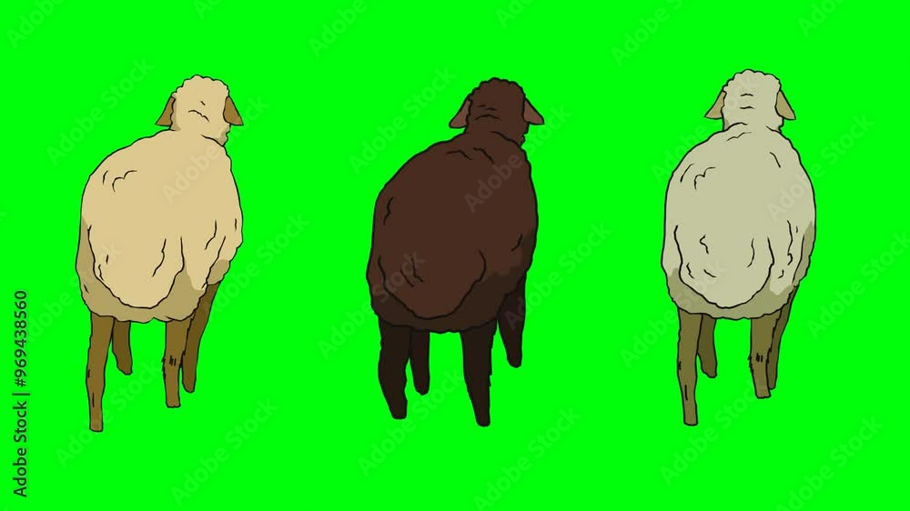 2D animated three sheep characters walking cycle back angle in green ...