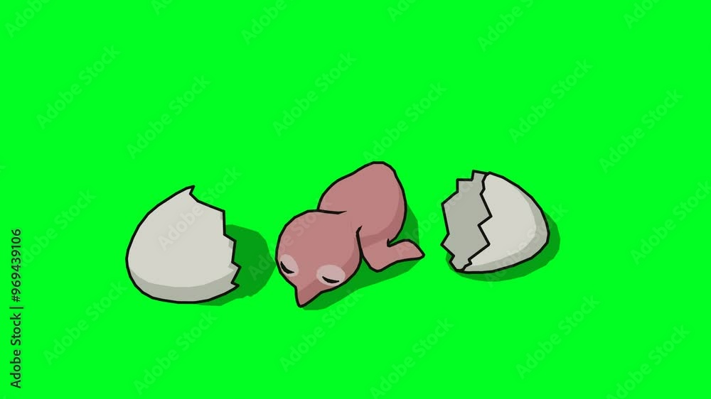 2D animated embryo bird character that has just hatched in green screen ...