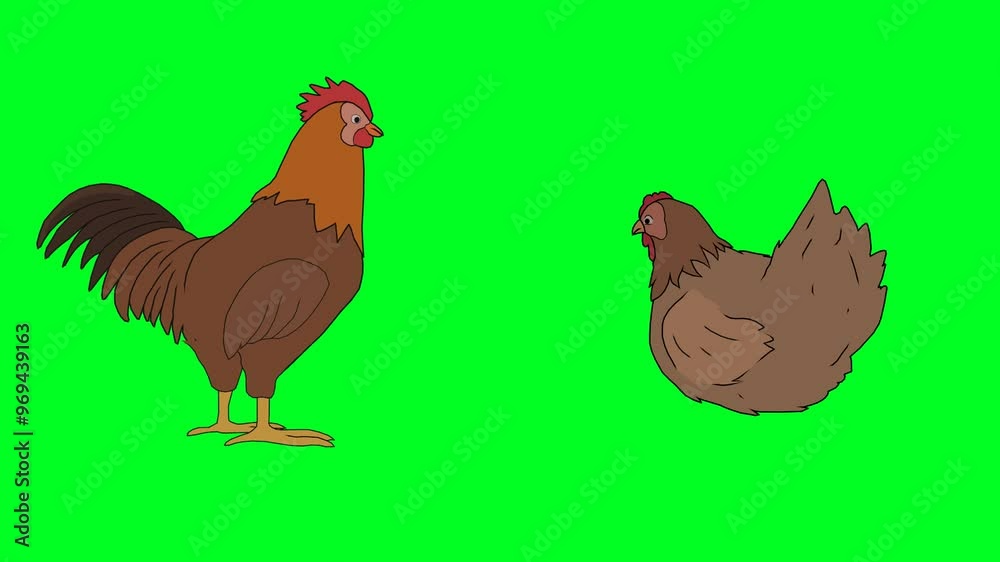 2D animated rooster and chicken characters eat seeds and sit in green ...