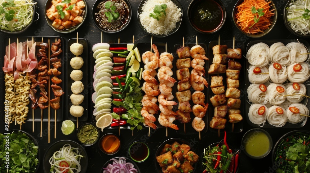 A large table with various food items arranged in rows, including ...