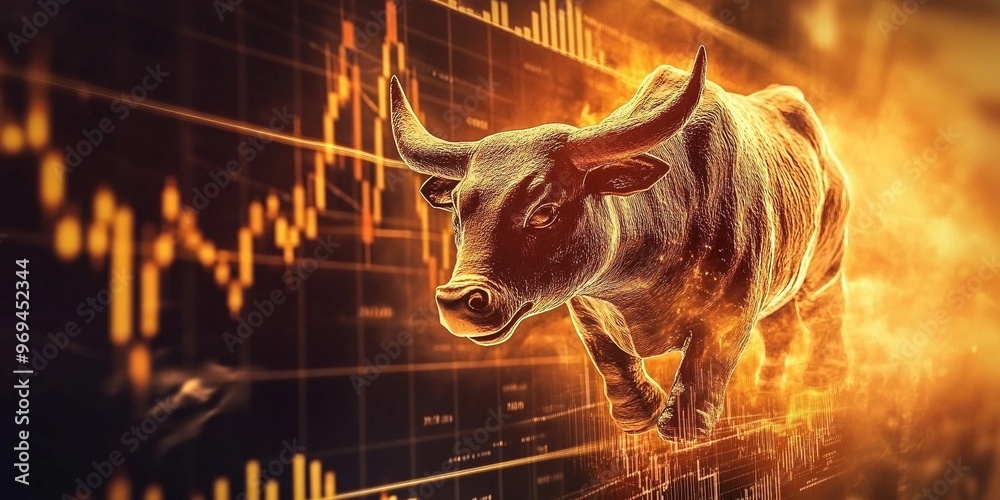 Representación de un mercado alcista con un toro dorado frente a ...