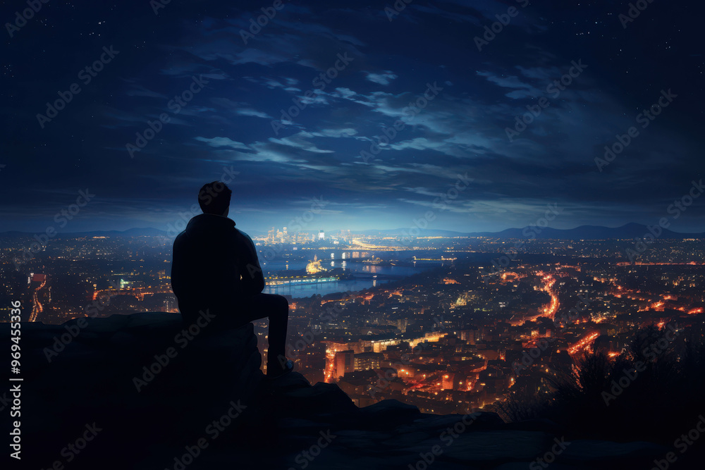 Night Sky Solitude: A solitary figure sits atop a hill, bathed in the ...