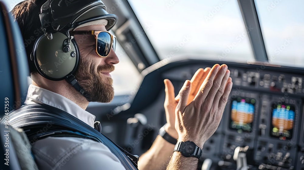Pilot clapping after a smooth flight, aviator sunglasses, cockpit view ...