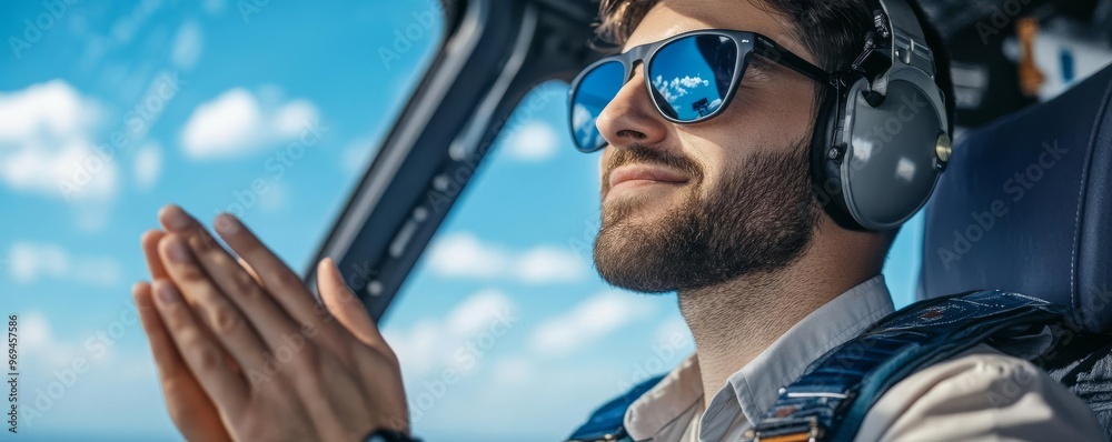 Pilot clapping after a smooth flight, aviator sunglasses, cockpit view ...