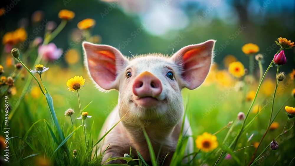 Adorable pig face with curly tail and floppy ears, gazing upwards with ...